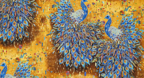 Gilded Plume Fabric Collection | Metallic Fabric with Peacocks