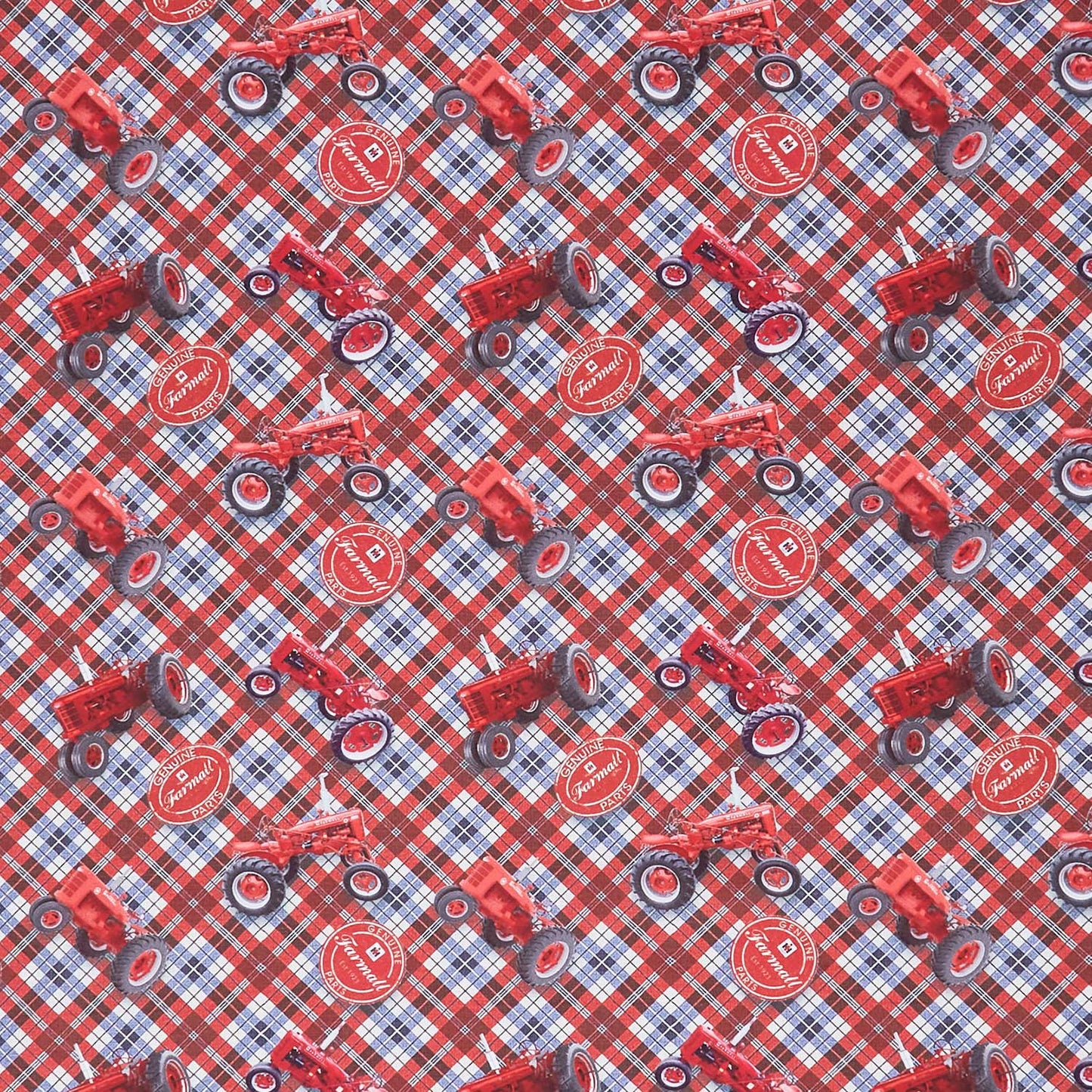 Farmall - Patriotic Tractors Tossed on Plaid Red Yardage