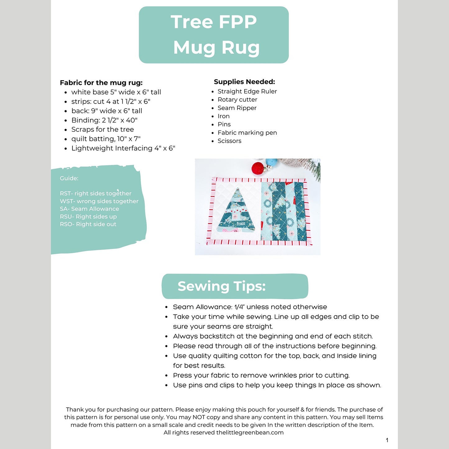 Digital Download - Tree FPP Mug Rug Pattern