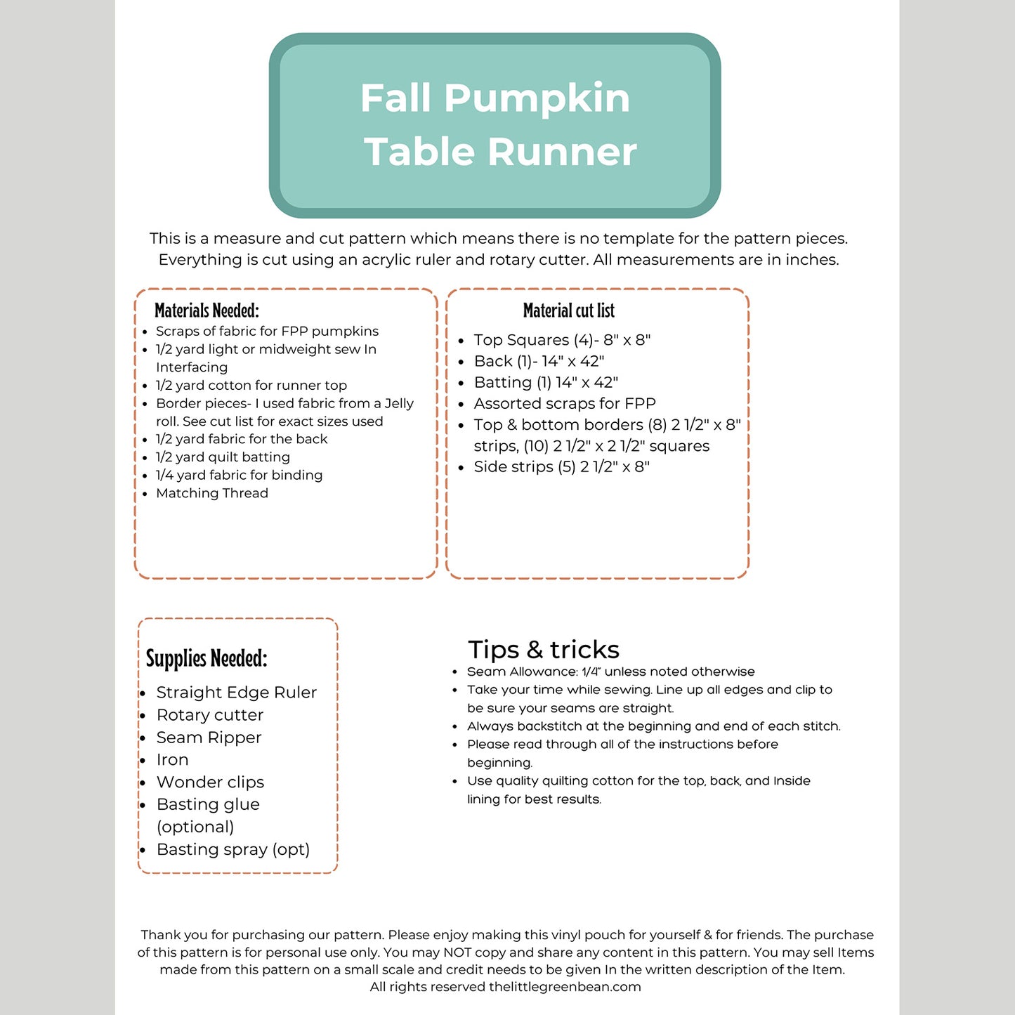 Digital Download - Fall Pumpkin FPP Table Runner Pattern