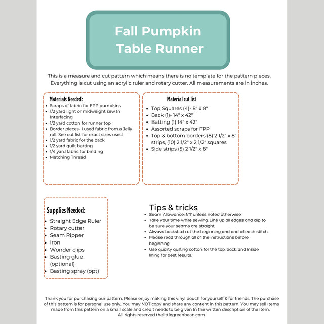 Digital Download - Fall Pumpkin FPP Table Runner Pattern
