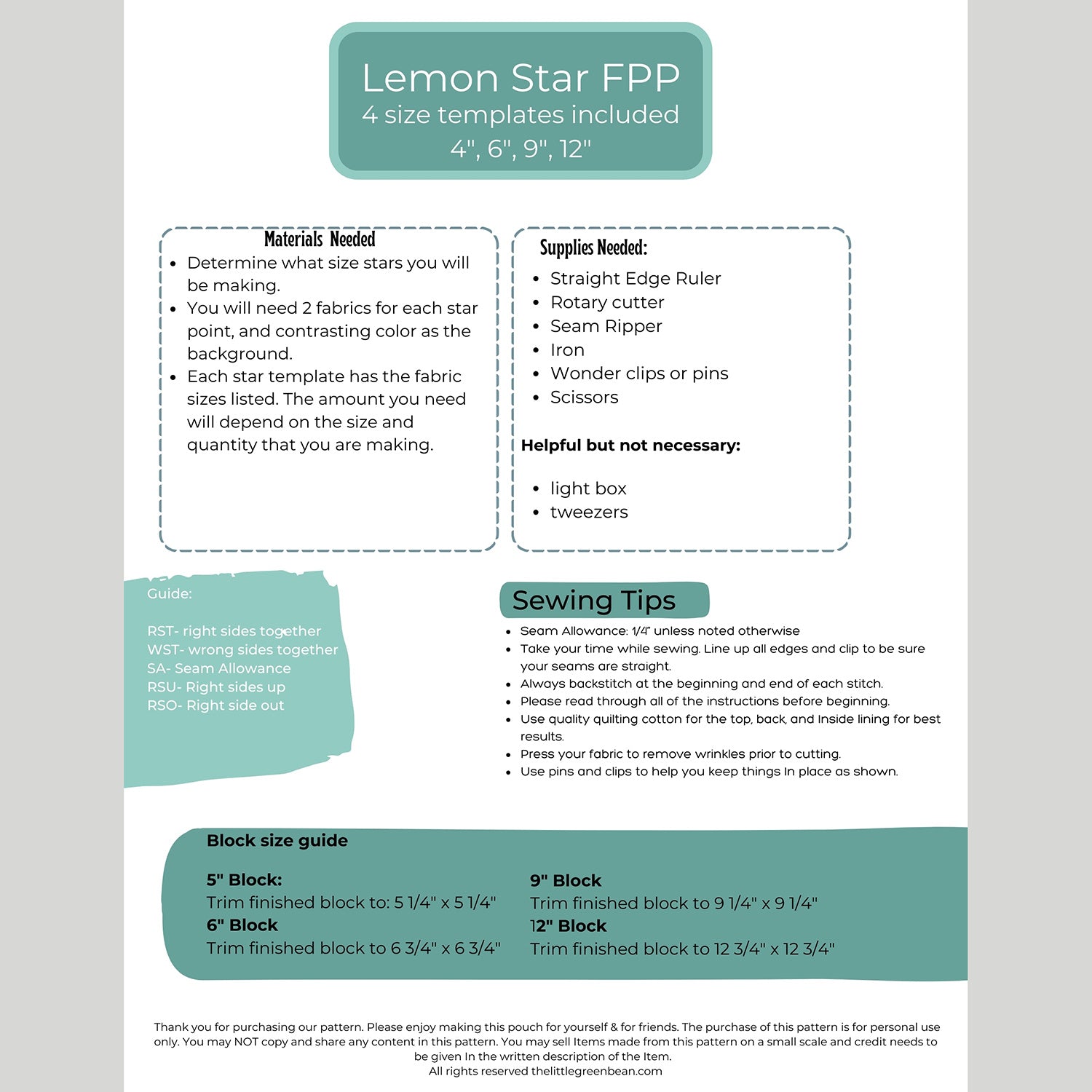 Digital Download - Lemon Star FPP Blocks Pattern