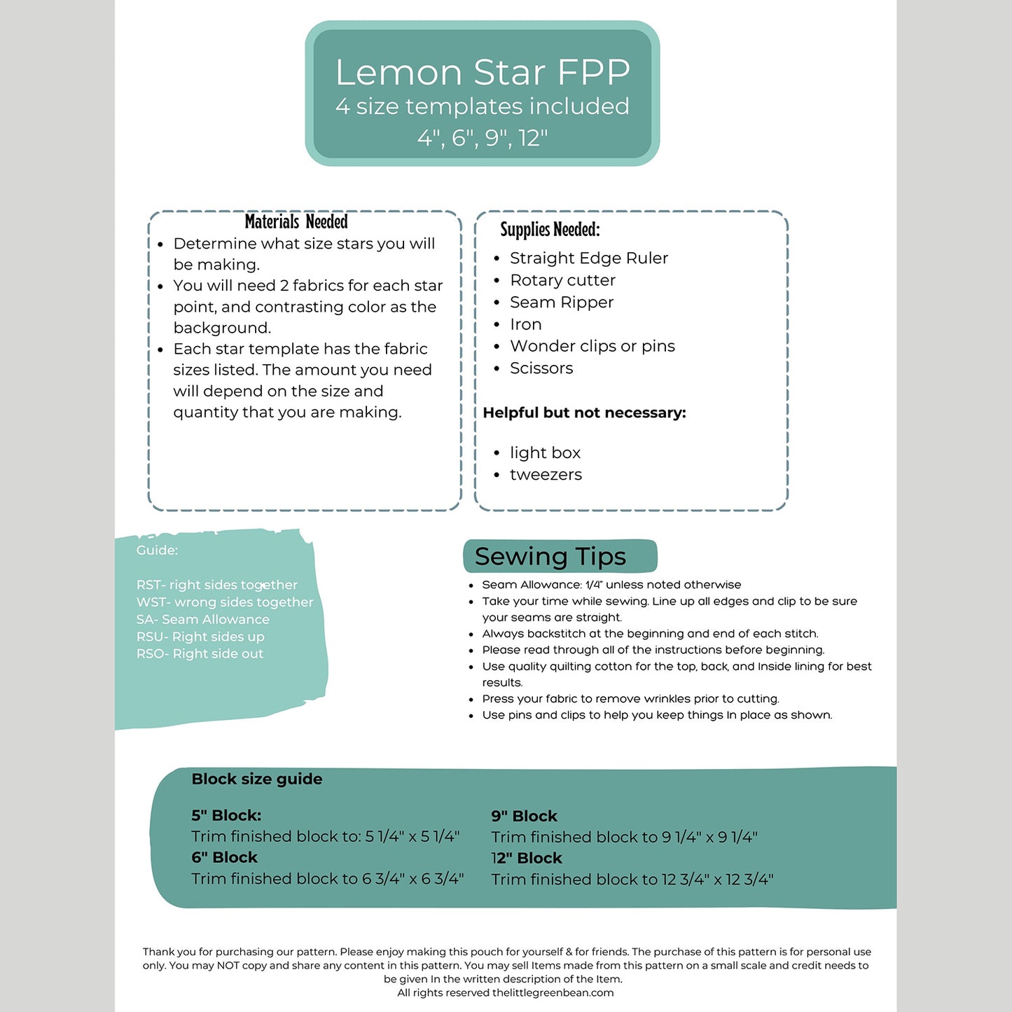 Digital Download - Lemon Star FPP Blocks Pattern