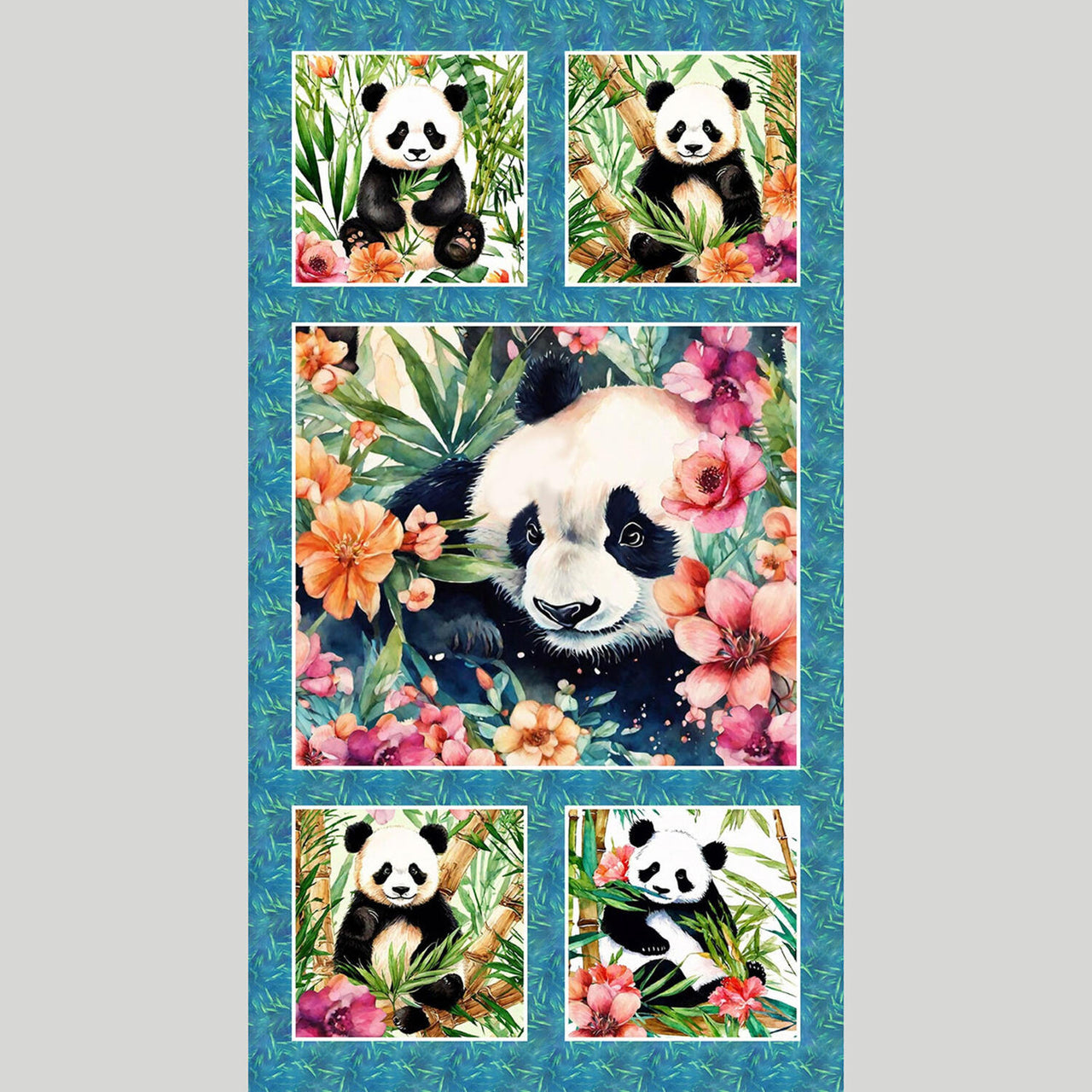 Panda Paradise - Pandas With Bamboo Teal Fabric Panel