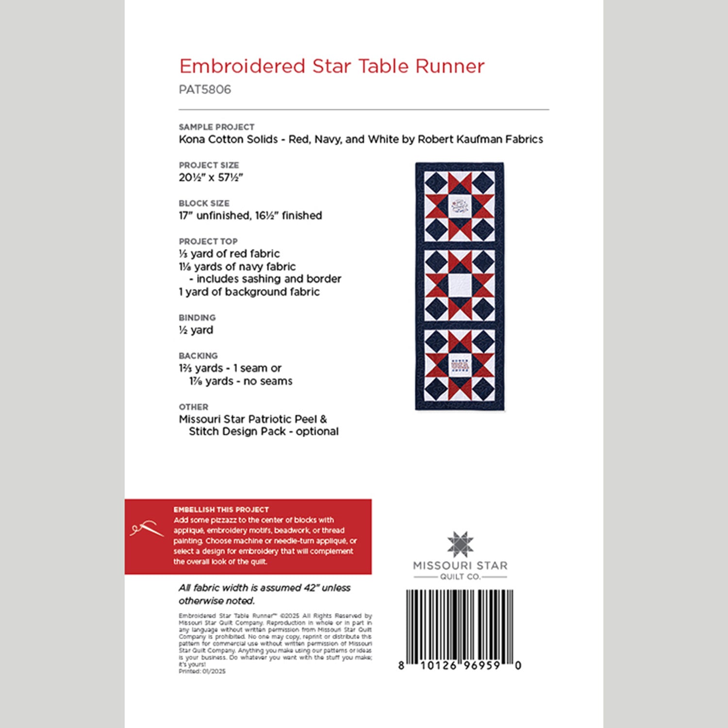 Embroidered Star Table Runner Pattern by Missouri Star