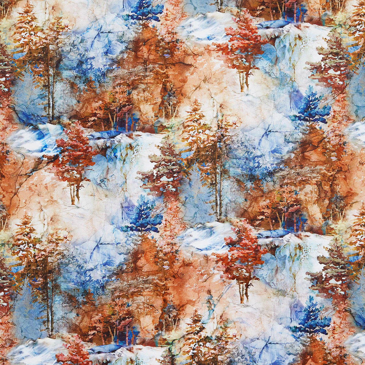 Highland View - Tree Scenic Blue Multi Digitally Printed Yardage