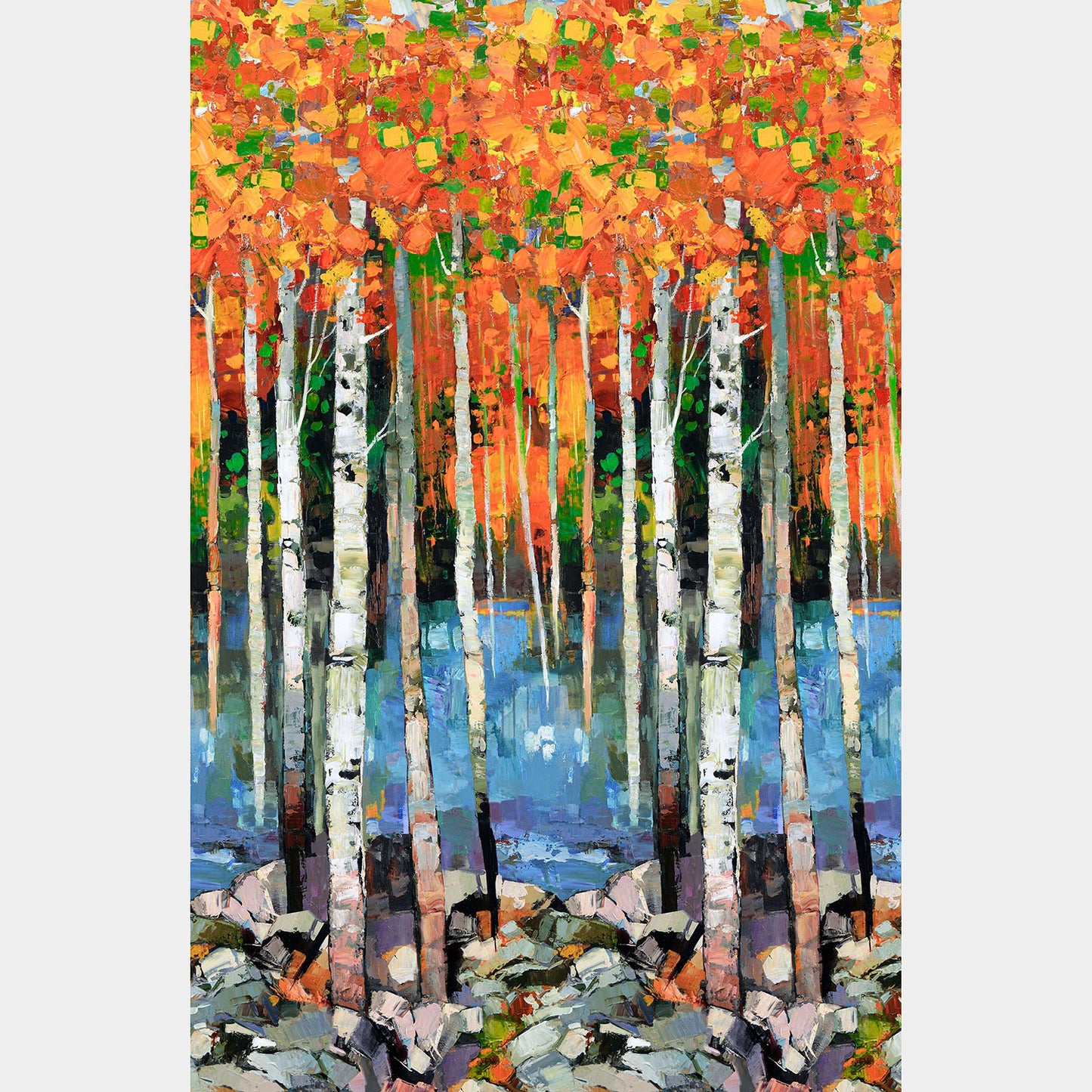 Silent Lake - Birch Trees Border Orange Multi Yardage