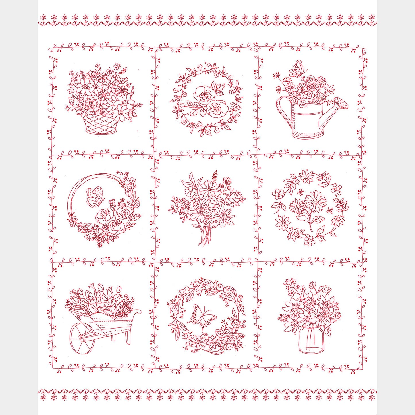 Garden Redwork - Redwork Floral White Panel