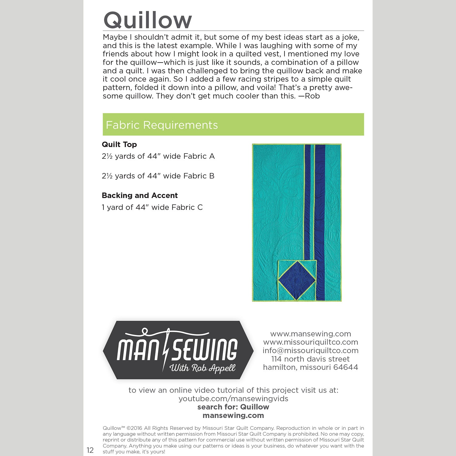 Digital Download - Quillow Quilt Pattern from Man Sewing