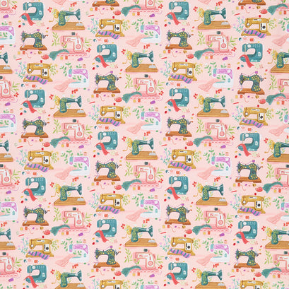 Novelty - Floral Sewing Machines Pink Digitally Printed Yardage