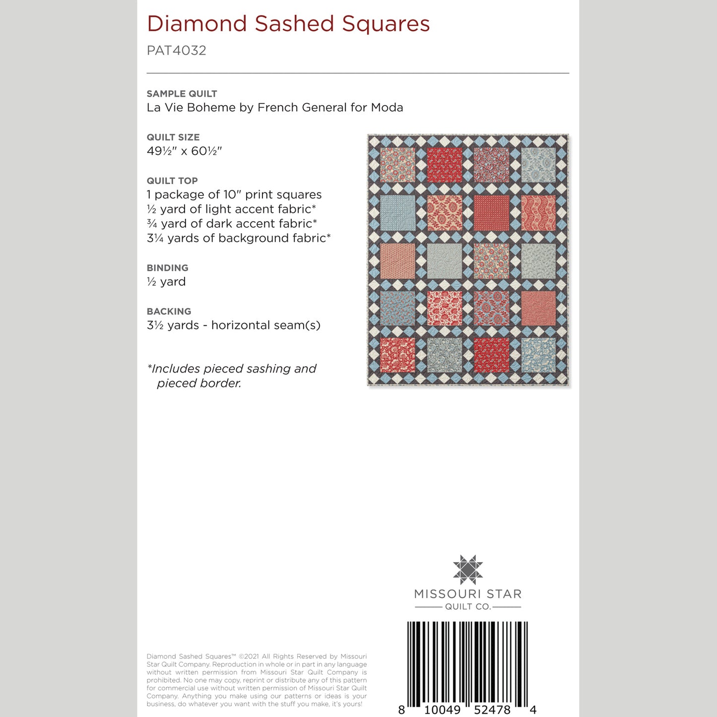 Digital Download - Diamond Sashed Squares Quilt Pattern by Missouri St