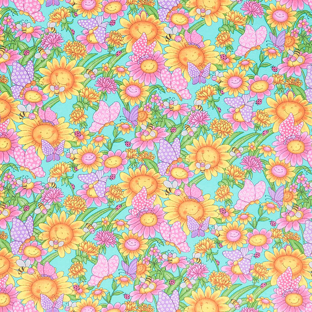 Comfy Flannel® - Smiley Flowers & Bees Aqua Yardage