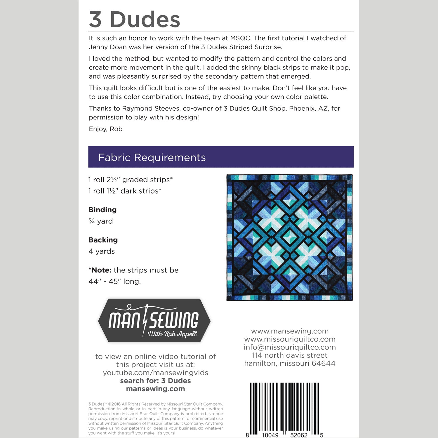 Digital Download - Three Dudes Quilt Pattern from Man Sewing