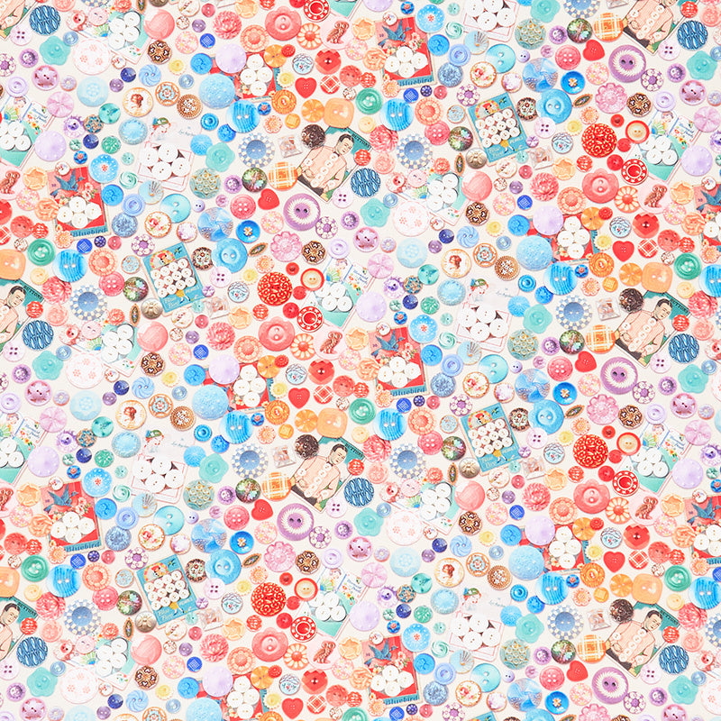 Vintage Sewing Stash - Push My Buttons Cream Yardage