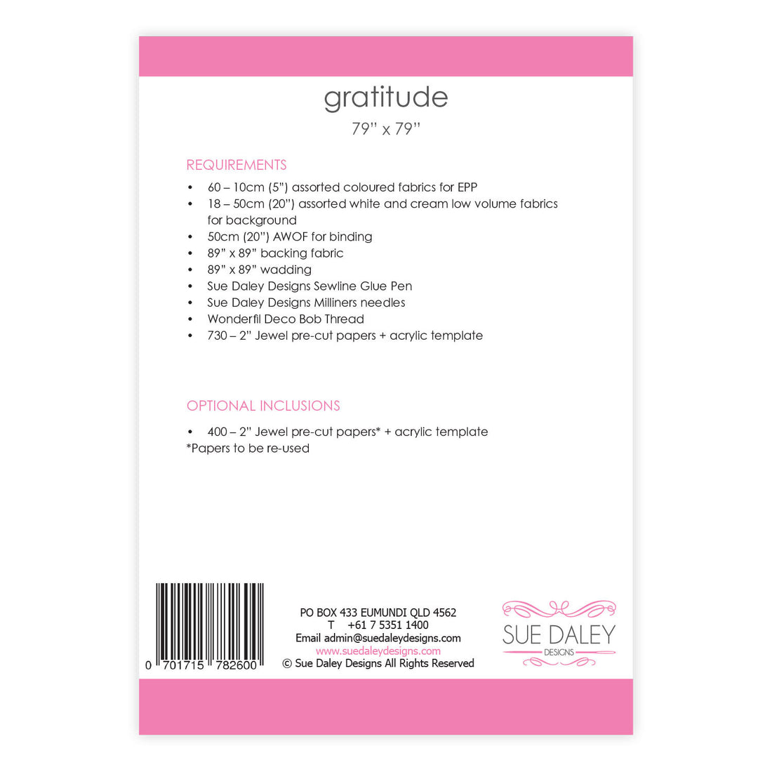 Sue Daley Gratitude Quilt Pattern with Template and Papers