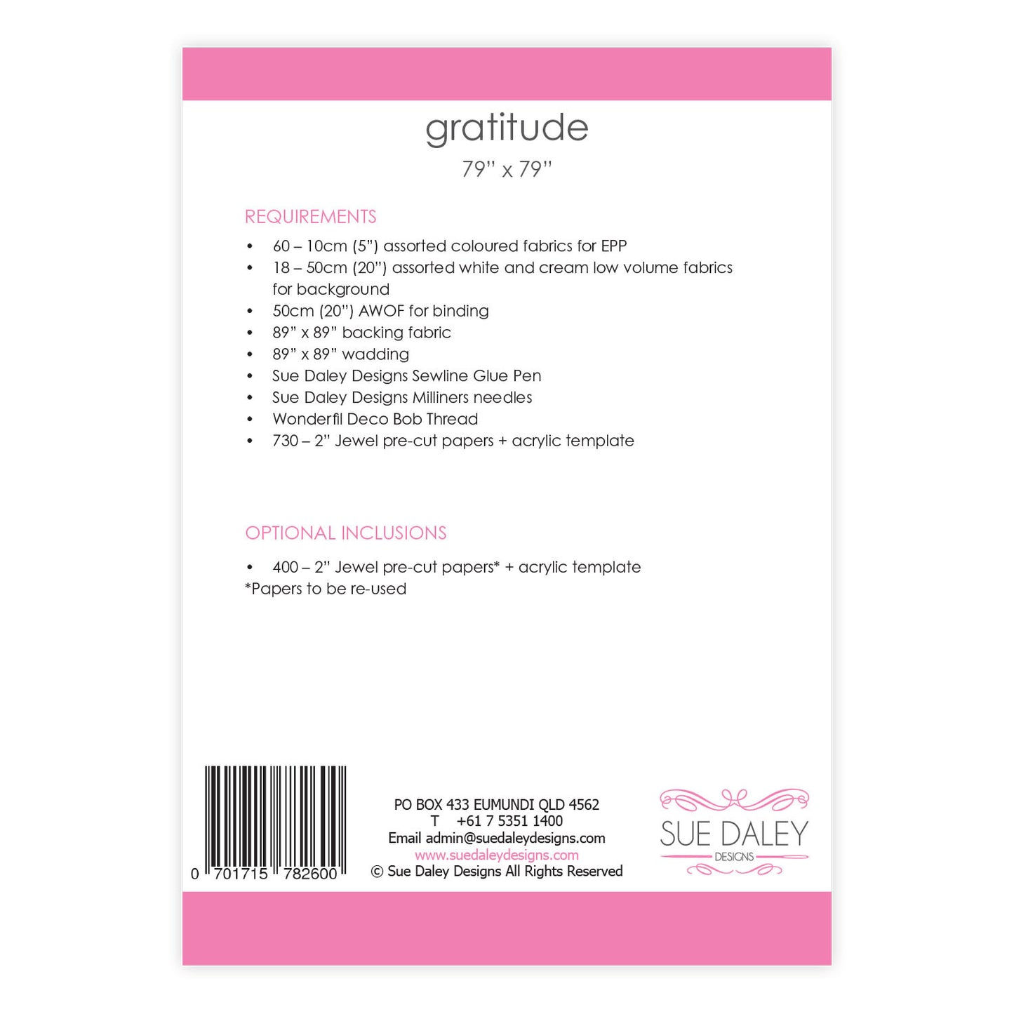 Sue Daley Gratitude Quilt Pattern with Template and Papers