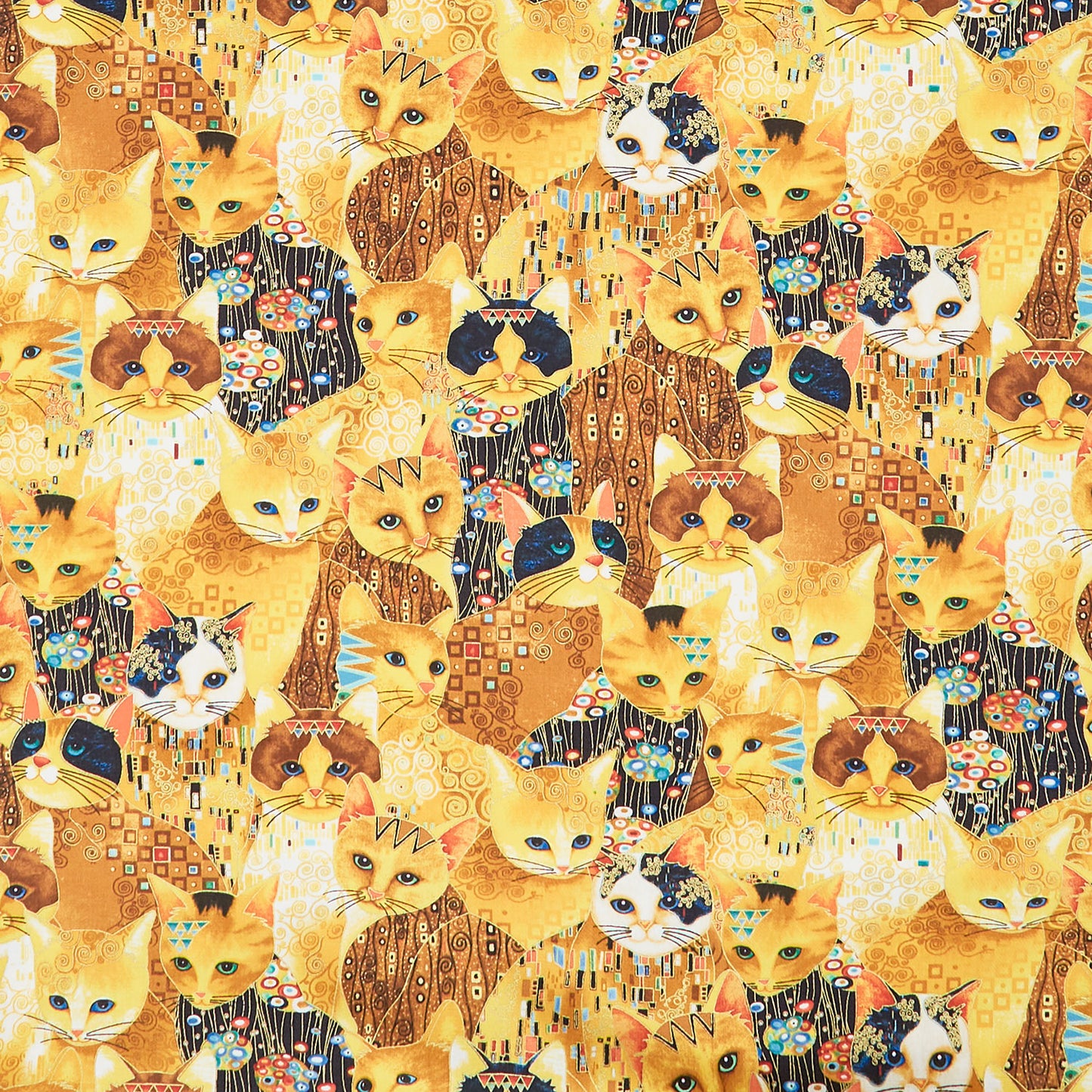 Cleo - Golden Bejeweled Cats Gold Metallic Yardage