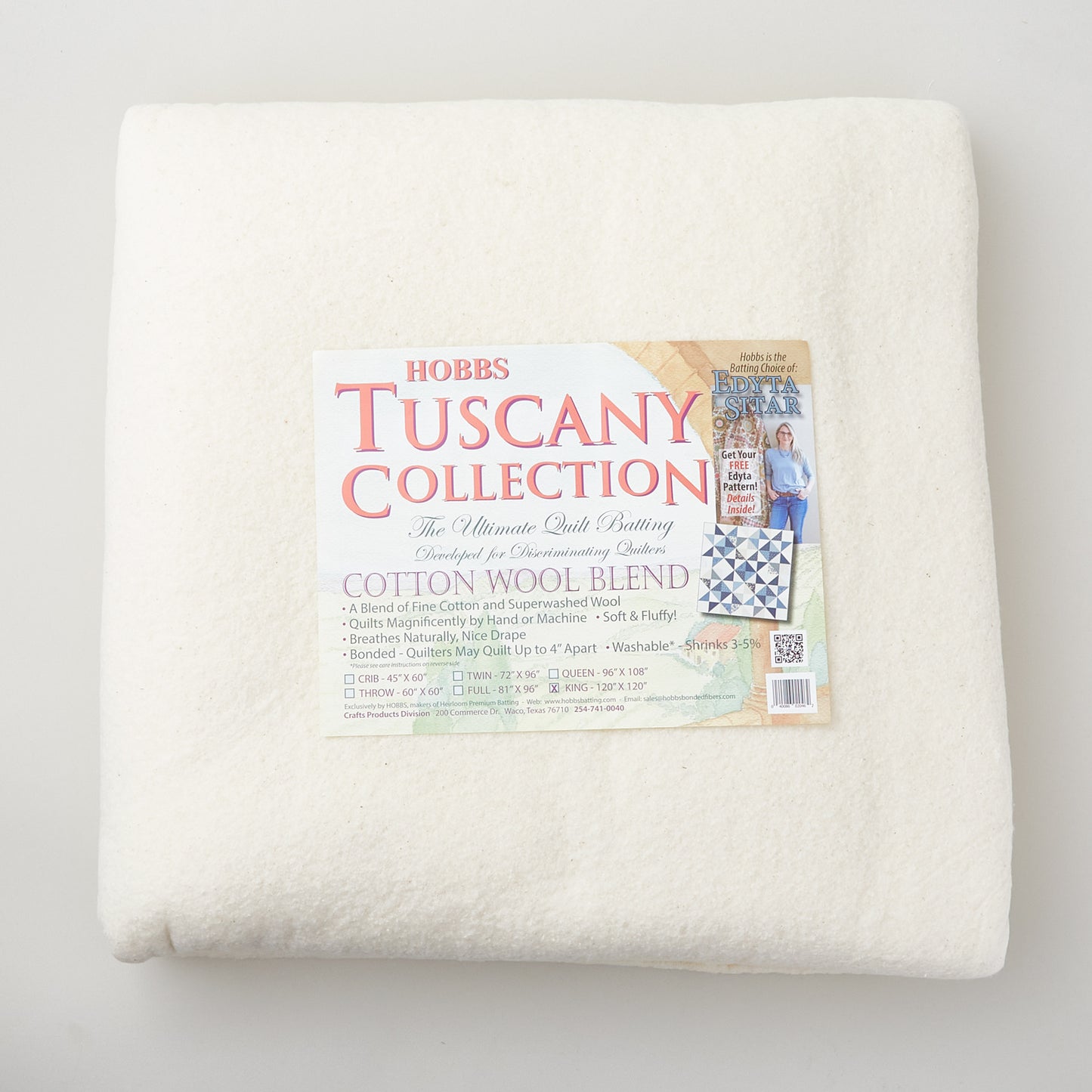 Hobbs Tuscany 80/20 Cotton Wool Batting - King 120" x 120"