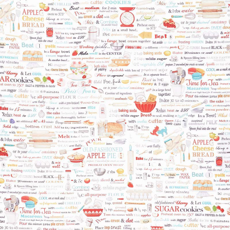 Kiss the Cook - Words Recipe White Digitally Printed Yardage