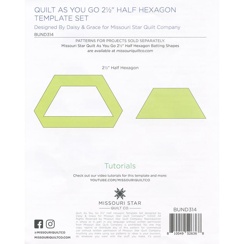 Quilt As You Go 2 1/2" Half Hexagon Template by Daisy & Grace for Miss