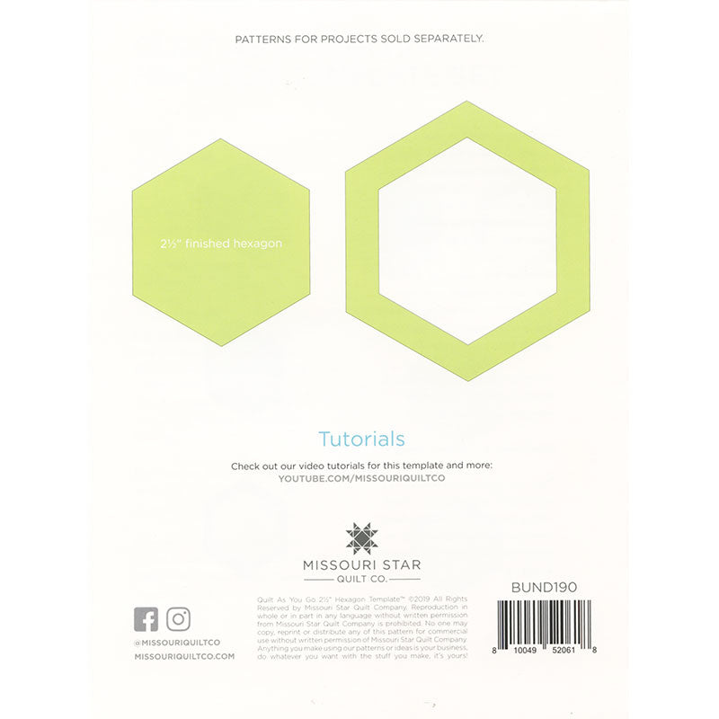Quilt As You Go 2 1/2" Hexagon Template Designed by Daisy & Grace for